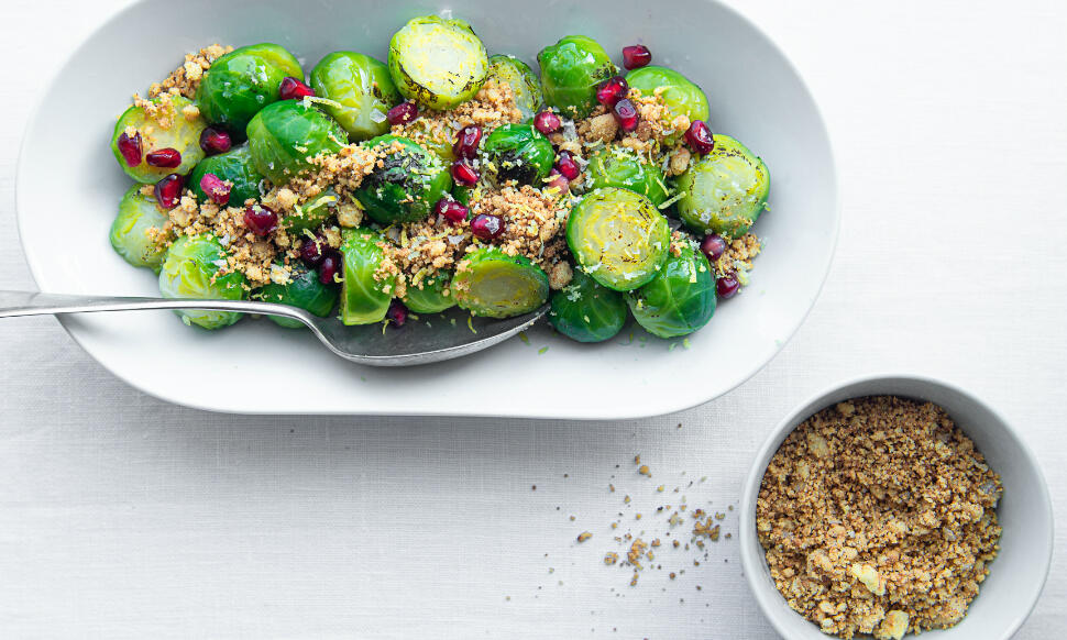 How To Cook Charred Sprouts, Pomegranate, Brioche & Brazil Nut Crumb ...