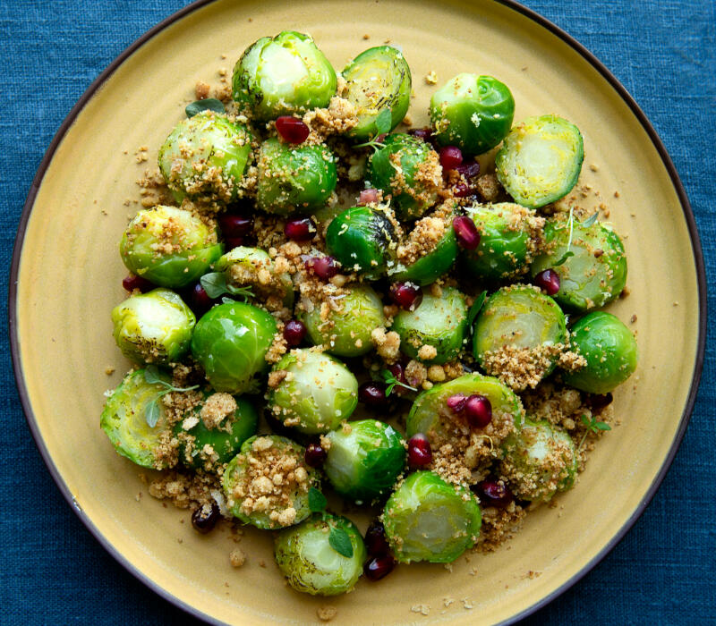 How To Cook Charred Sprouts, Pomegranate, Brioche & Brazil Nut Crumb ...